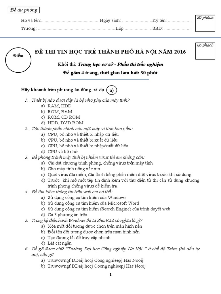 De Thi Tin Hoc Tre 2016 - THCS - Trac Nghiem - Du Phong | PDF