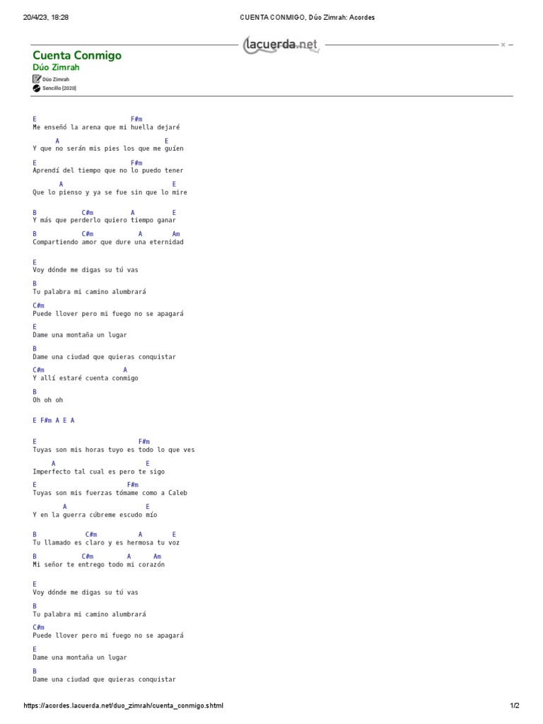 Cuenta Conmigo, Dúo Zimrah - Acordes | Descargar gratis PDF | Música grabada