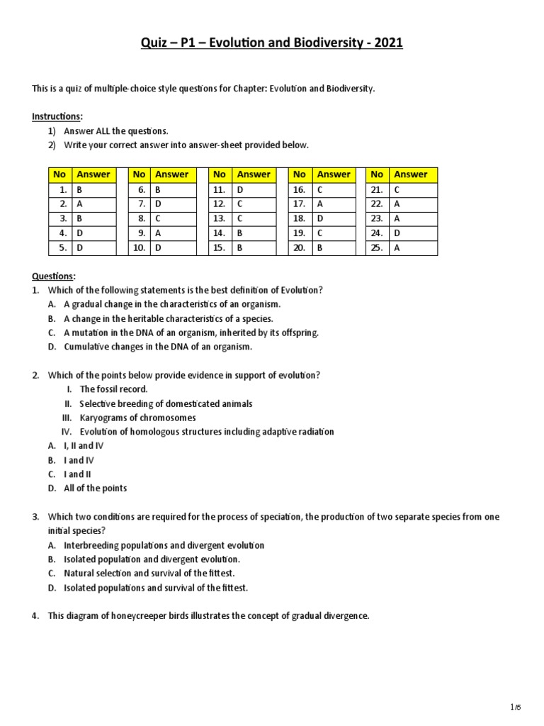 Quiz - P1 - Evolution and Biodiversity - 2021 | PDF | Evolution | Natural Selection