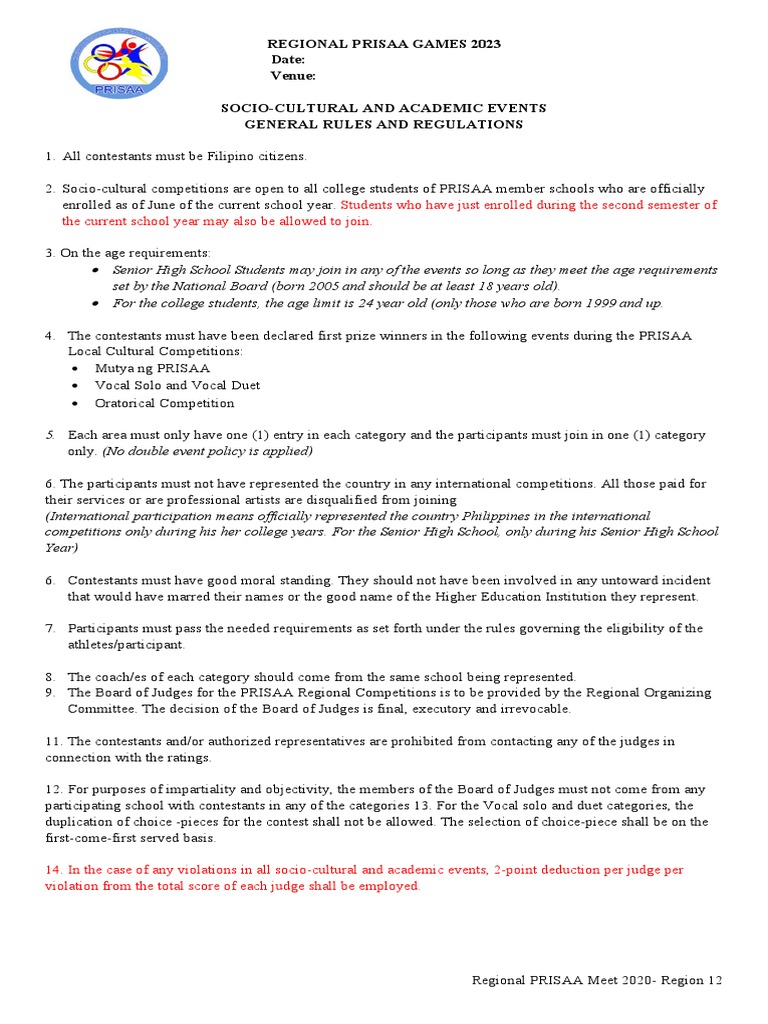 PRISAA 2023 Regional Games Guidelines | PDF