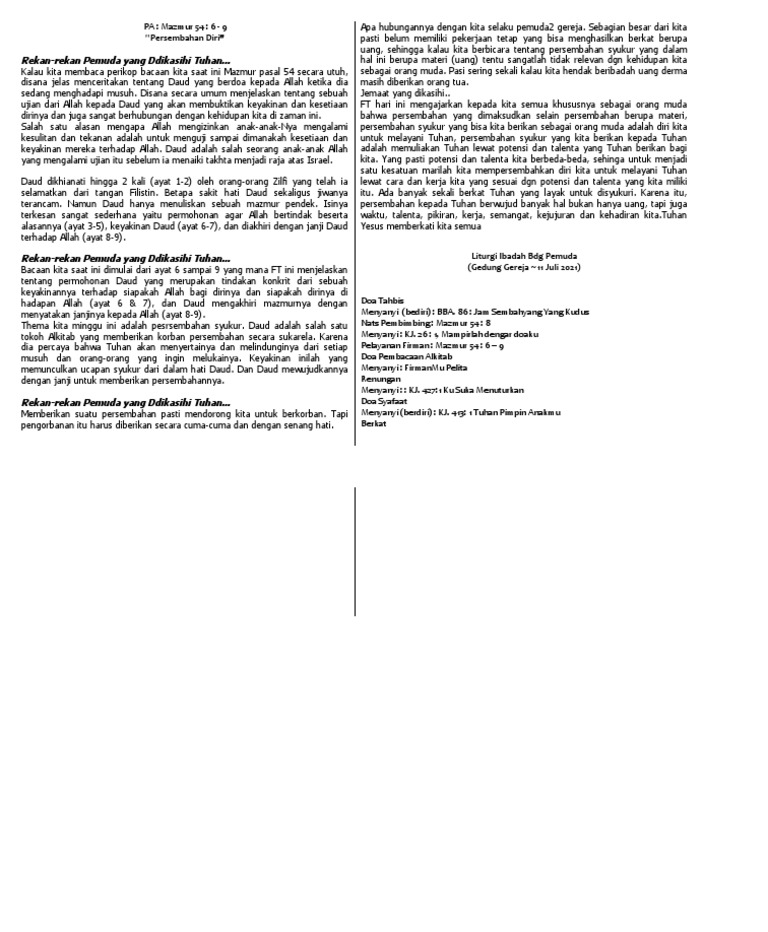 Khotbah Ibadah Pemuda (Mazmur 54 Ayat 6 Sampai 9) - 11 Juli 2021 | PDF | Agama & Spiritualitas
