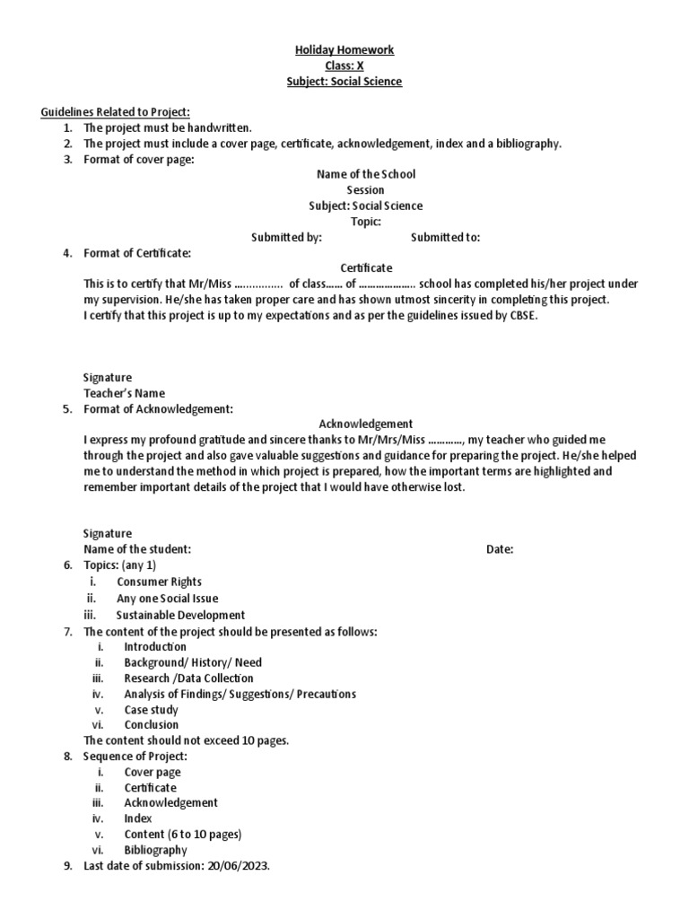 Class 10 Social Science Project Guidelines | PDF