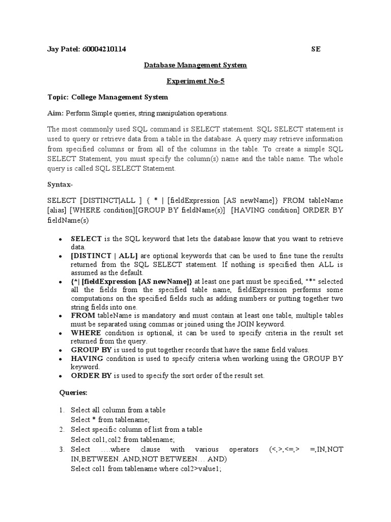DBMS Exp5 | PDF | Sql | Data Management DBMS Exp5 | PDF | Sql | Data Management