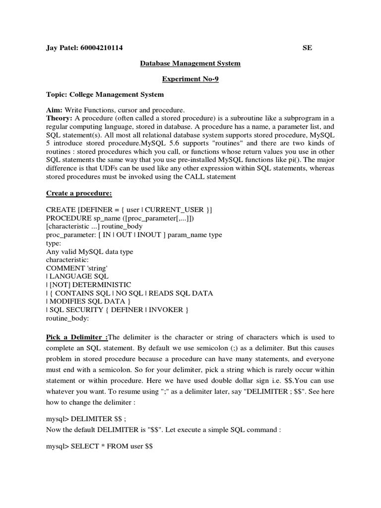 DBMS Exp9 | PDF | Parameter (Computer Programming) | Databases