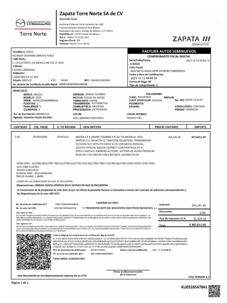 Mazda CX5 2016 Zapata Torre Norte S.A. de C.V. | PDF