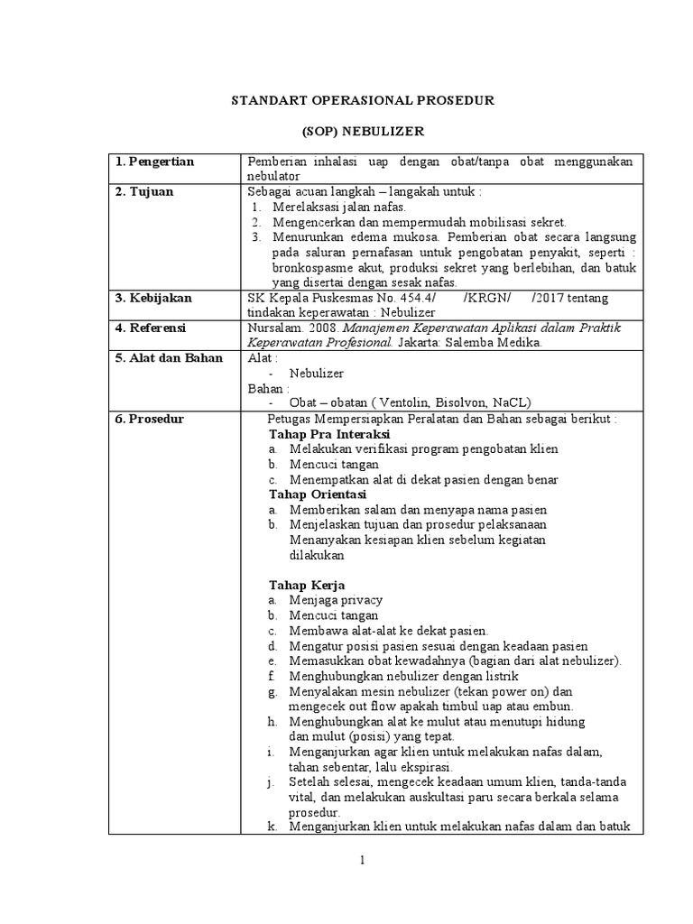 Standart Operasional Prosedur (Sop) Nebulizer 1. Pengertian 2. Tujuan | PDF
