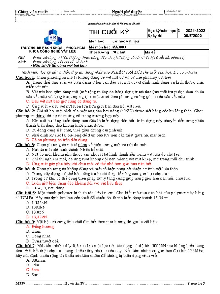 De Thi Cuoi Ky HK212 Dap An | PDF