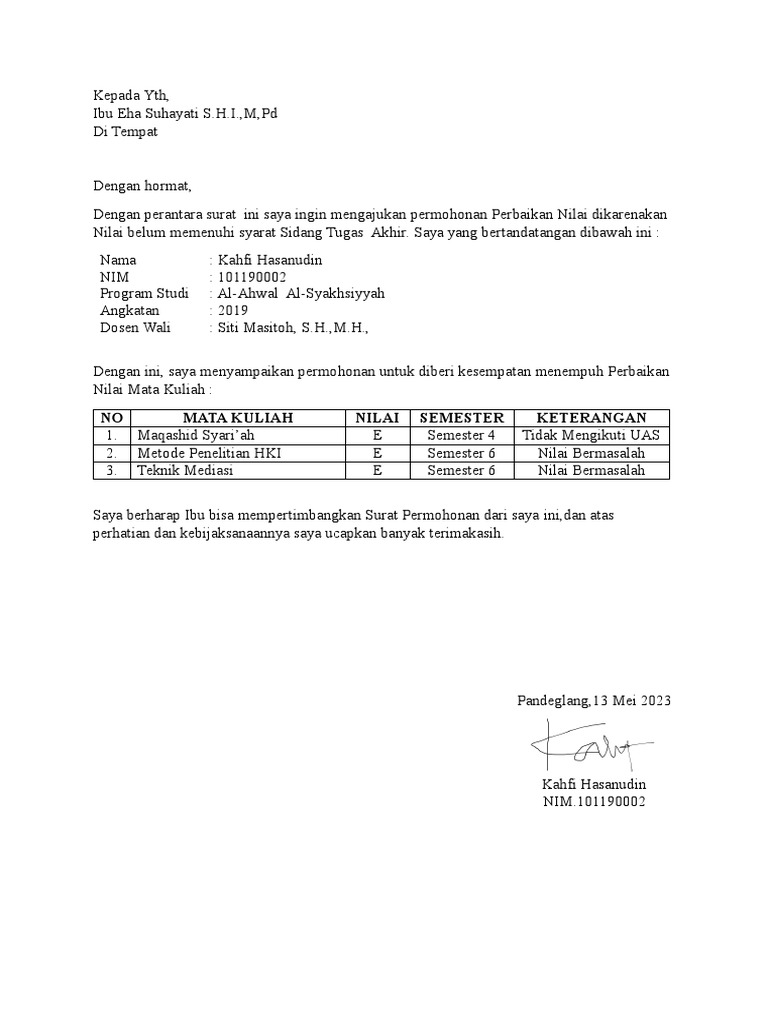 Surat Permohonan Perbaikan Nilai Kahfi Hasanudin | PDF