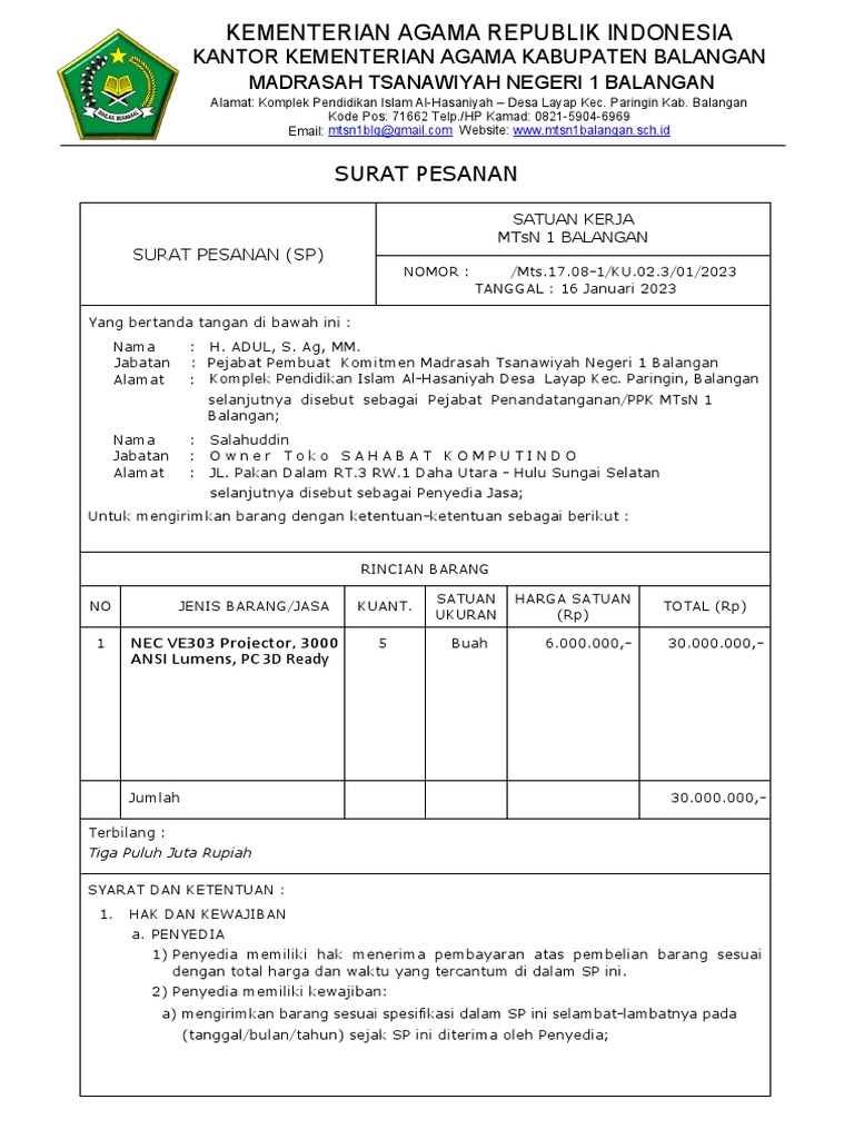 Contoh Surat Pesanan Resmi Belanja Modal | PDF