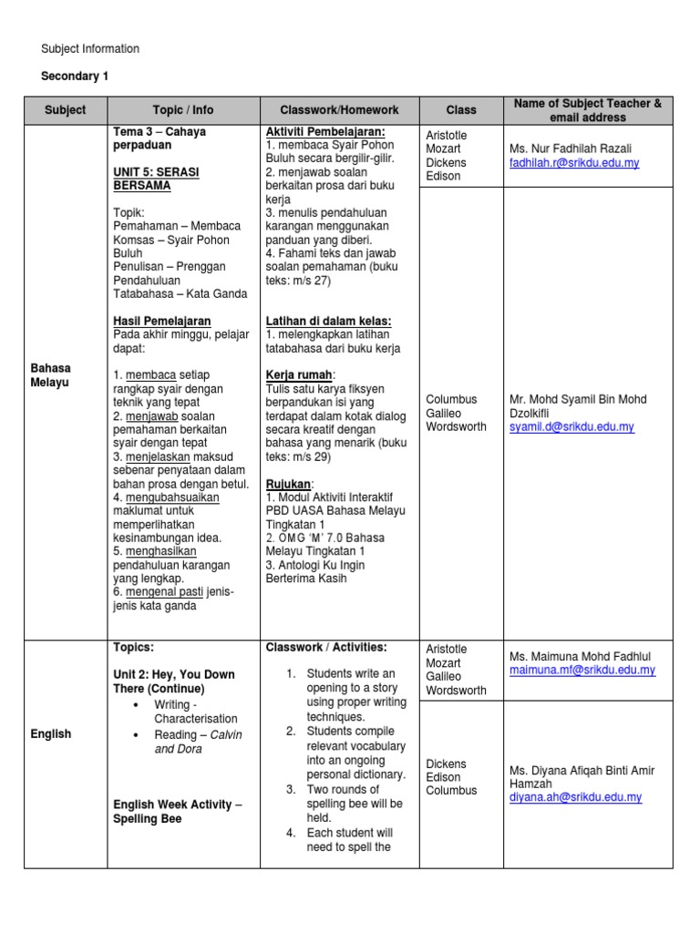 Subject Information Week 5 - Secondary 1 | PDF