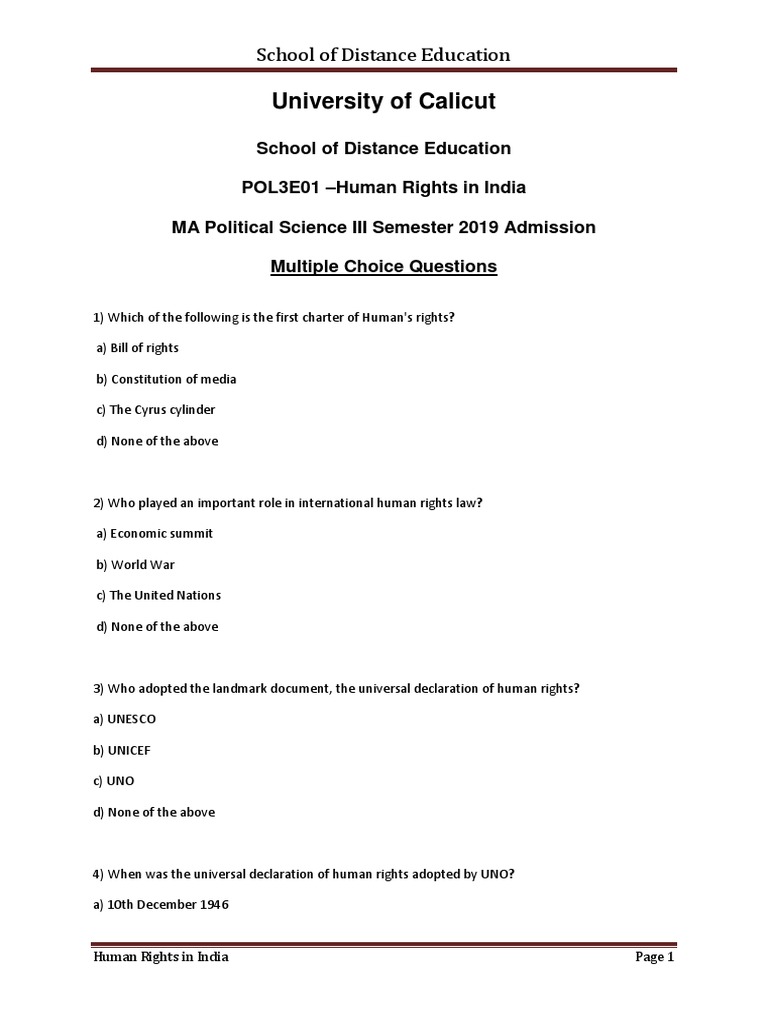Human Rights MCQ | Download Free PDF | Human Rights | Egalitarianism