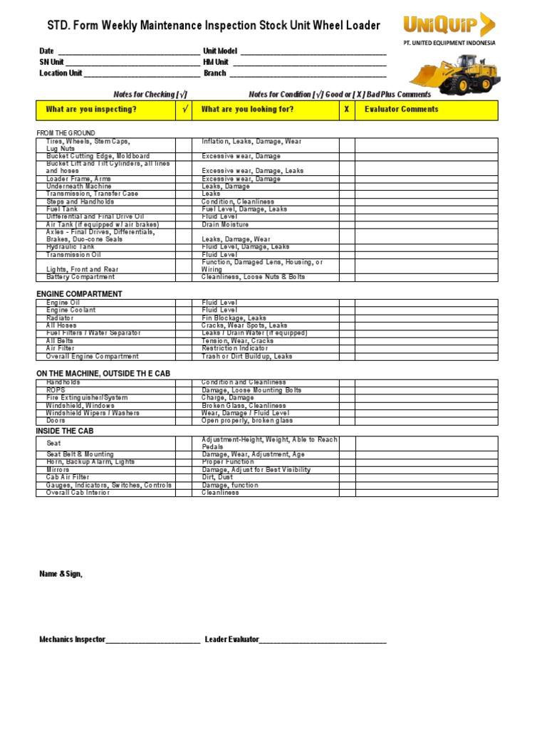 STD Uei Wheel Loader Weekly Maintenance Checklist | PDF | Truck ...