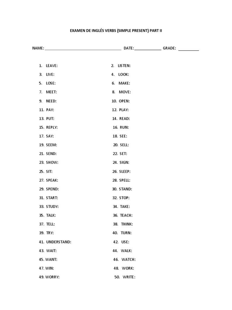 Examen de Inglés Verbs Ii | PDF
