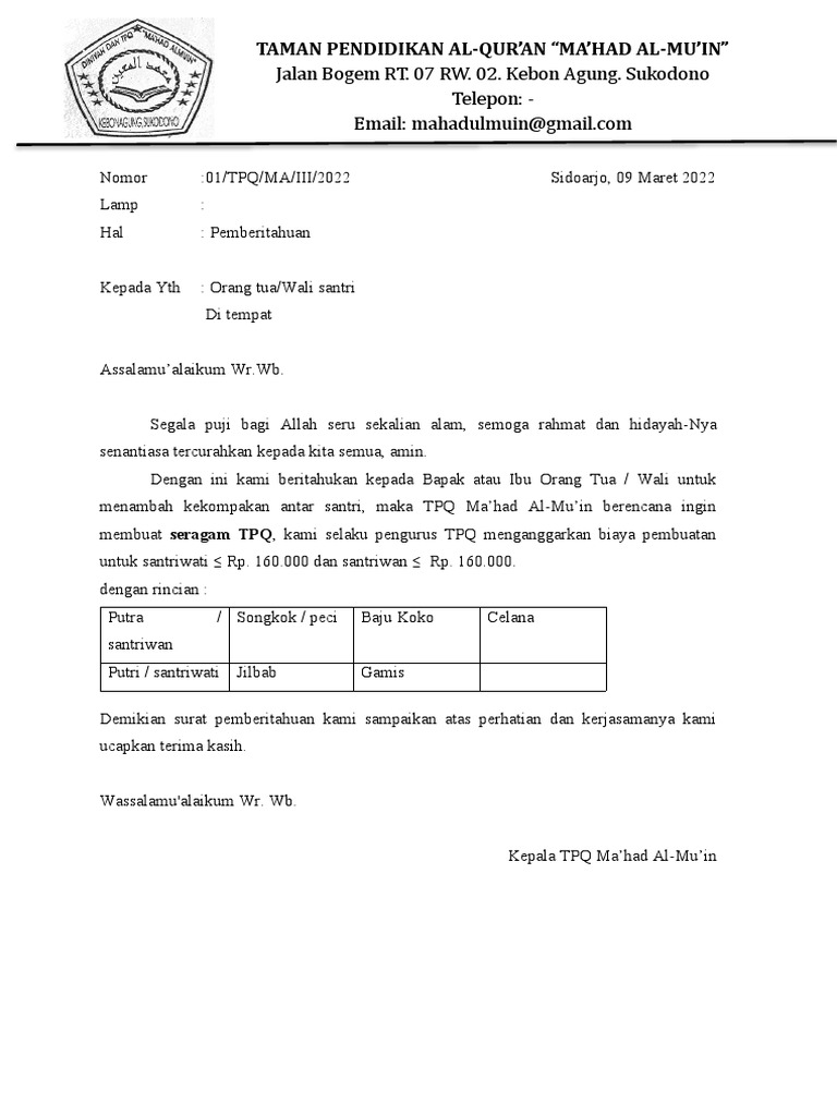 Surat - Pemberitahuan - 1 SERAGAM | PDF