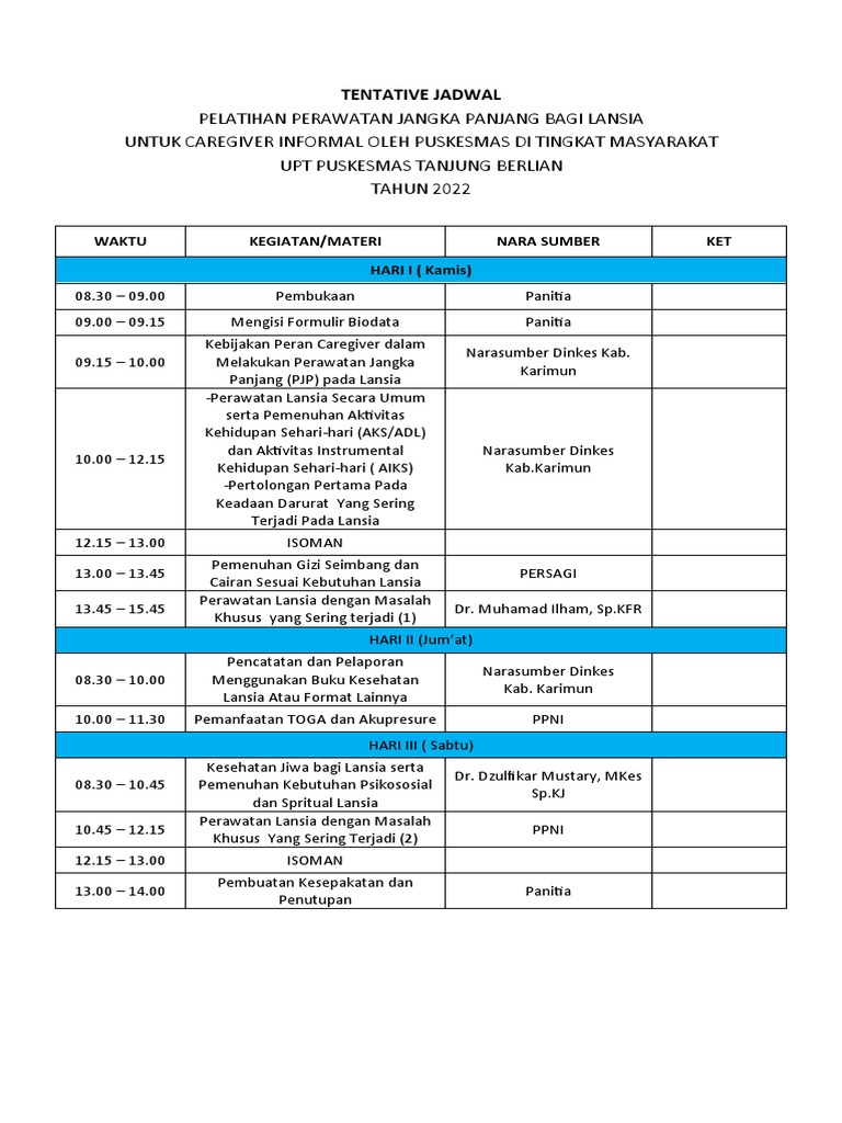 TENTATIVE JADWAL PELATIHAN CAREGIVER INFORMAL LANSIA RILL | PDF