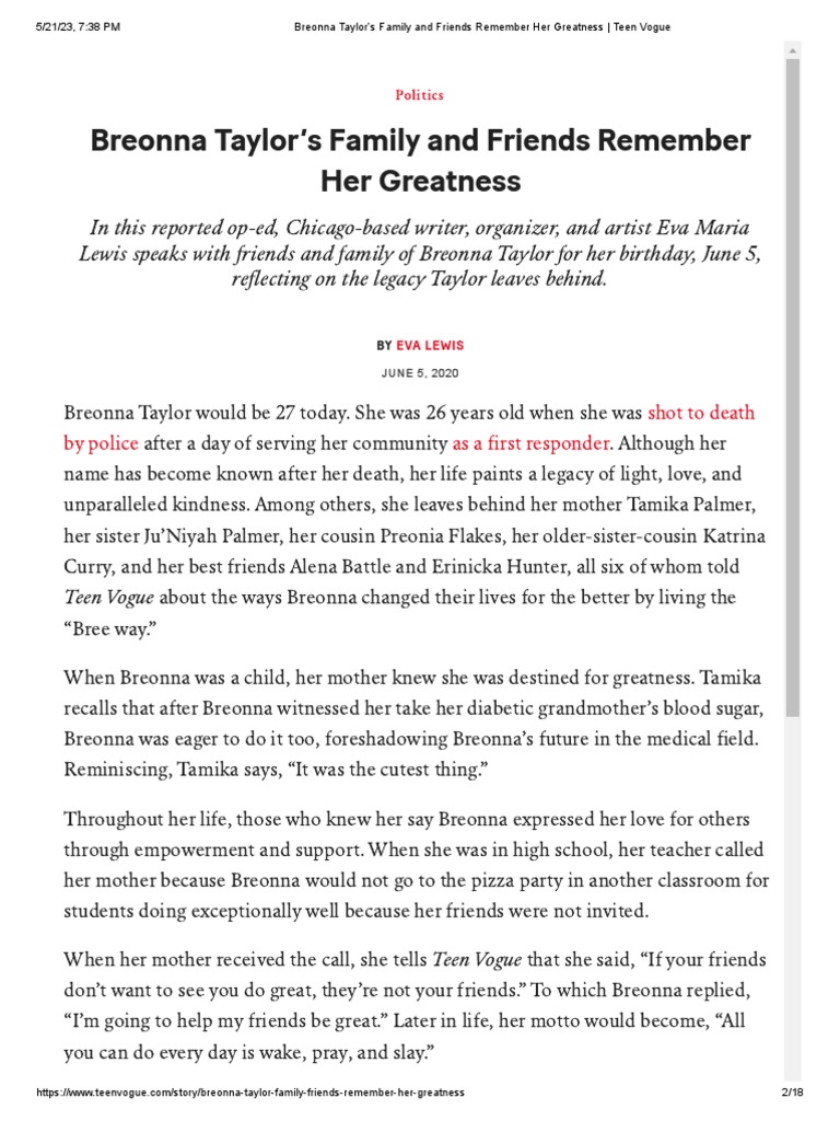 Breonna Taylor’s Family and Friends Remember Her Greatness _ Teen Vogue ...