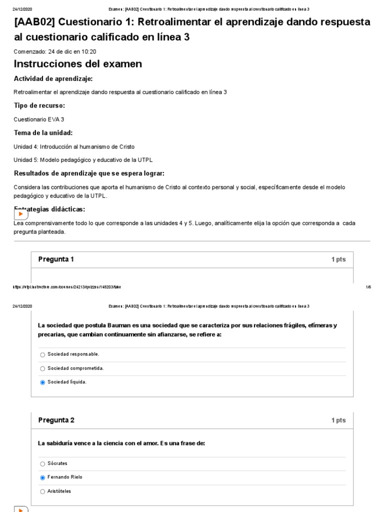 Examen - (AAB02) Cuestionario 1 - Retroalimentar El Aprendizaje Dando Respuesta Al Cuestionario ...