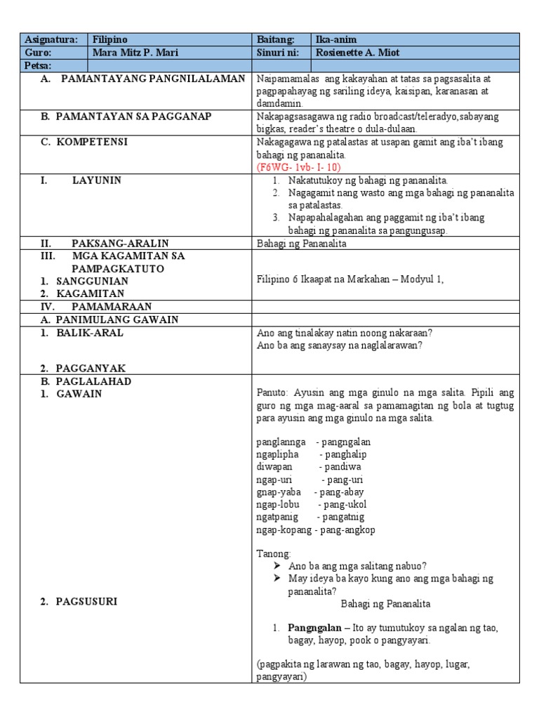 FilLP6 - Bahagi NG Pananalita | PDF