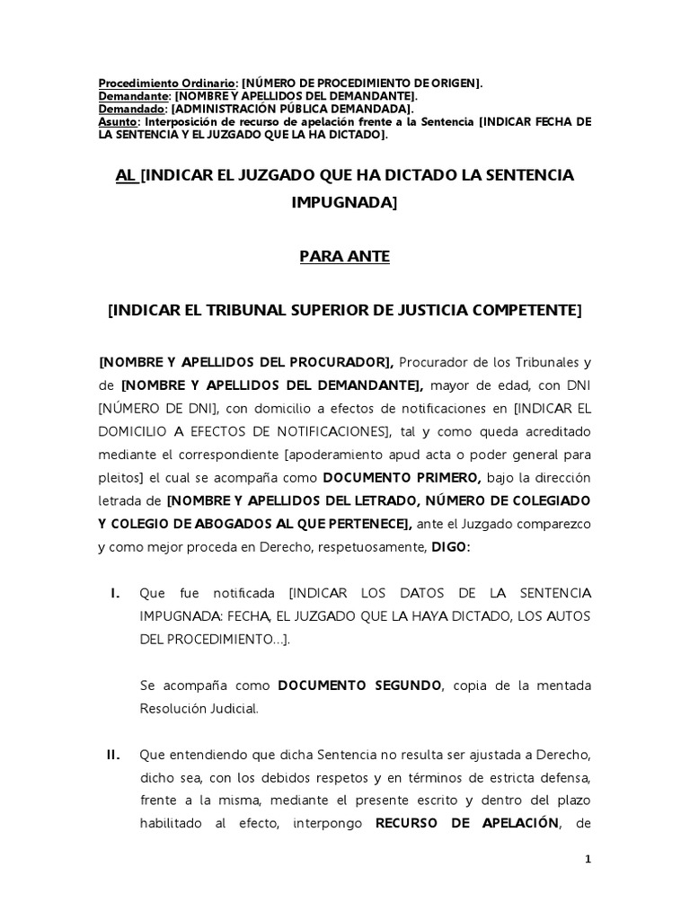 Modelo de Recurso de Apelacion Contencioso Adminsitrativo | PDF | Sentencia (ley) | Apelación