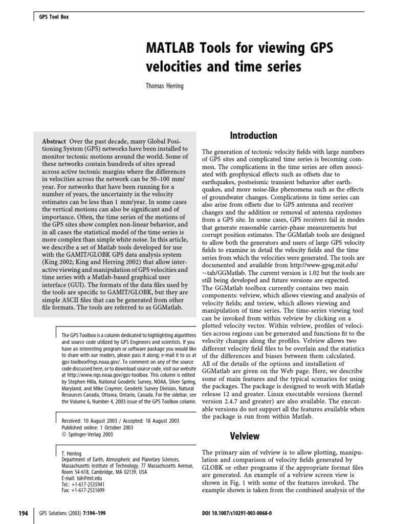 2003 Herring2003 Article MATLABToolsForViewingGPSVelociy | PDF | Time Series | Errors And Residuals