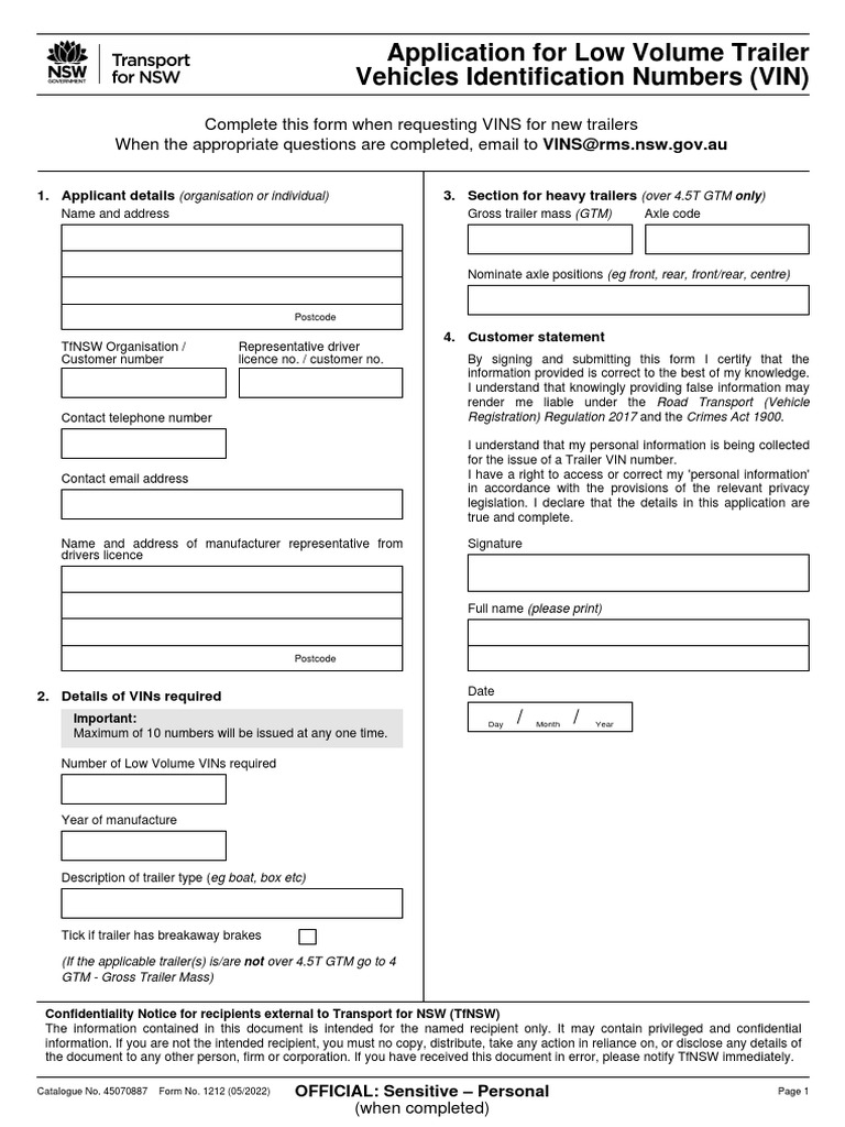 Application for Low Volume Trailer VINs | PDF | Trailer (Vehicle ...