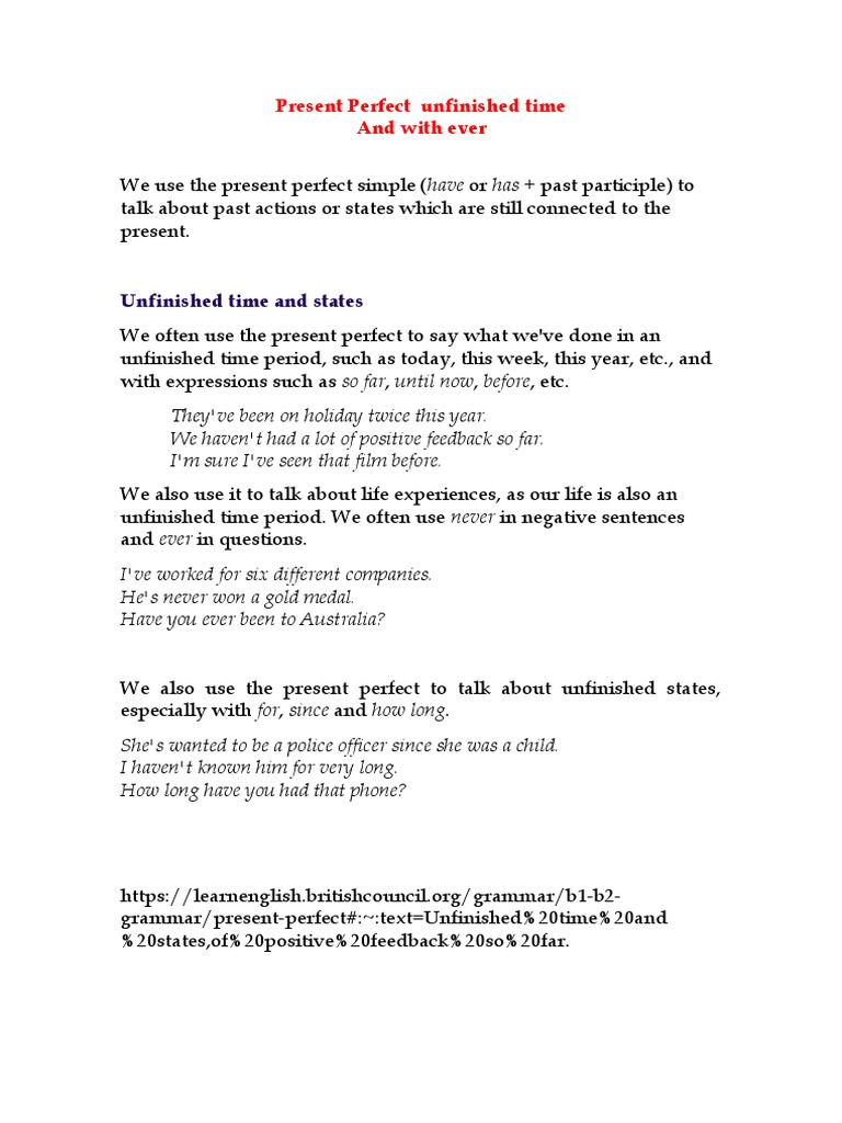 Present Perfect Unfinished Time | Download Free PDF | Perfect (Grammar ...