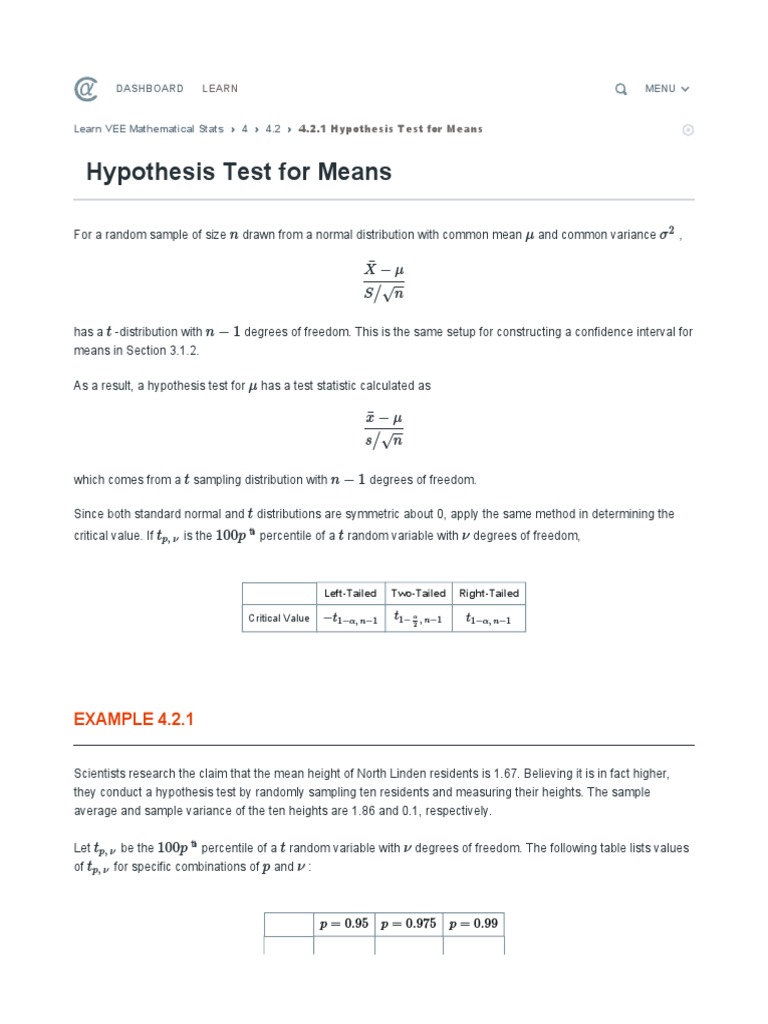 Hypothesis Test For Means | PDF | Normal Distribution | Degrees Of ...