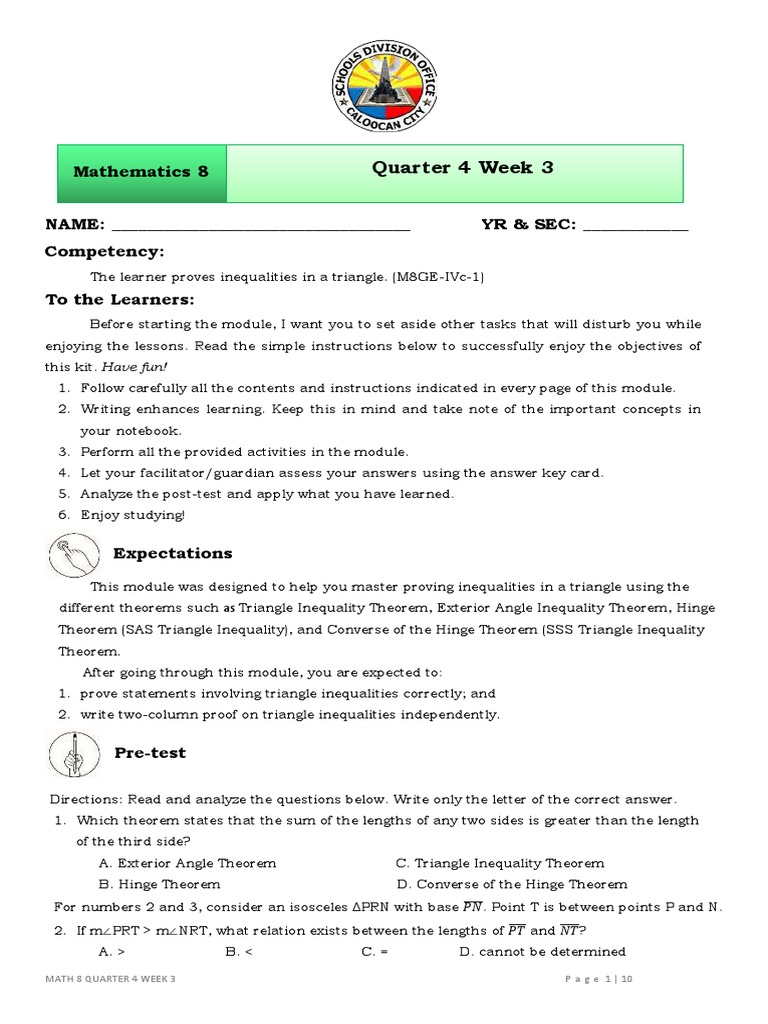 Math 8 Week 3 Quarter 4 | PDF | Triangle | Theorem
