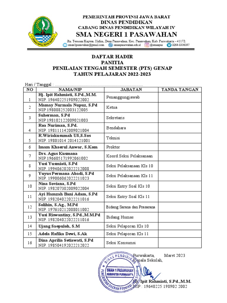 03.daftar Hadir Panitia Pat 2023 | PDF