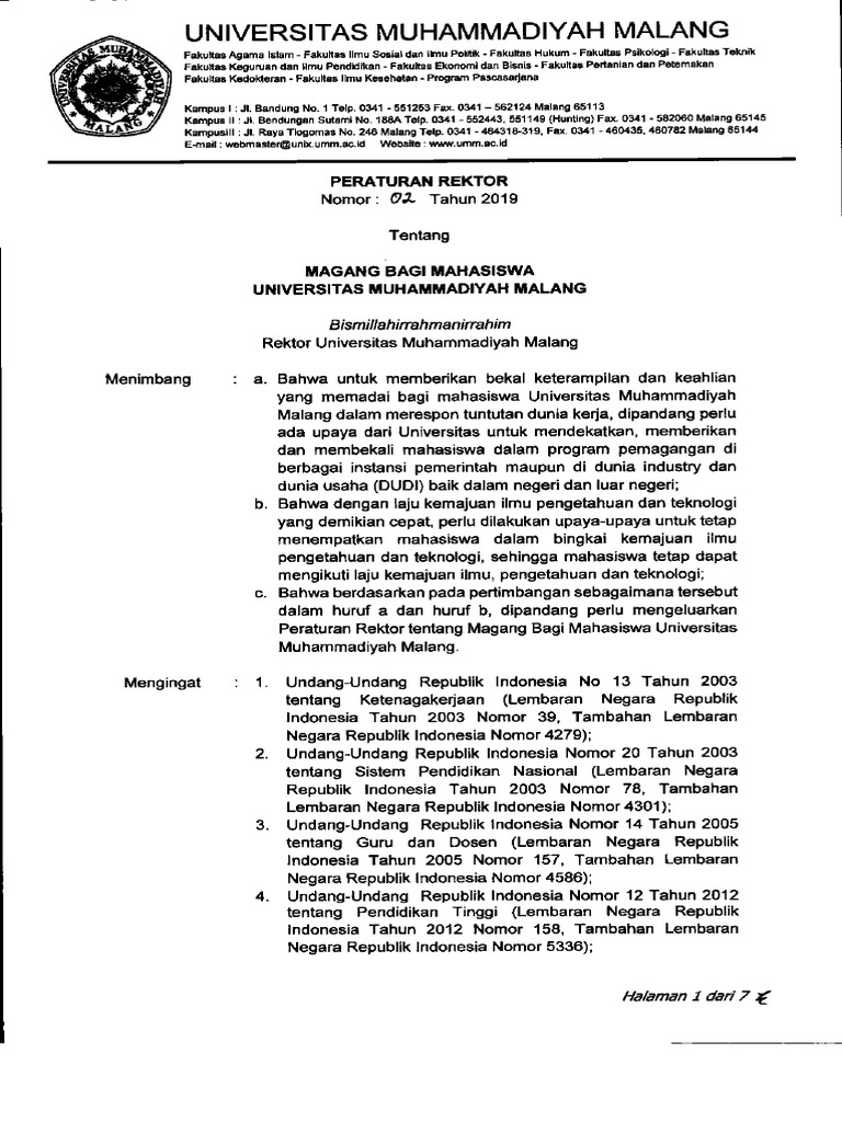 Peraturan Rektor Magang Bagi Mahasiswa UMM | PDF | Karier & Perkembangan