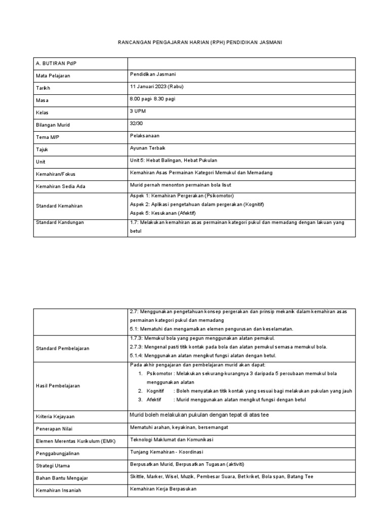 RPH PJ Tahun 3 | PDF