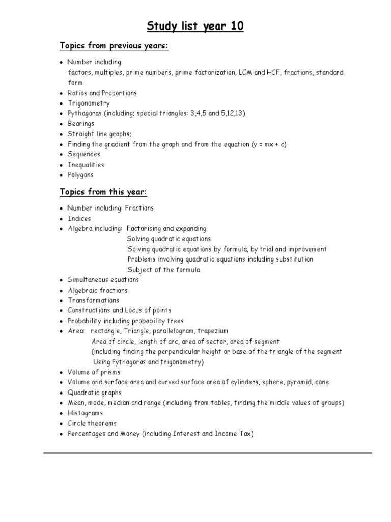 Year 10 Math Study Topics Guide | PDF | Teaching Methods & Materials