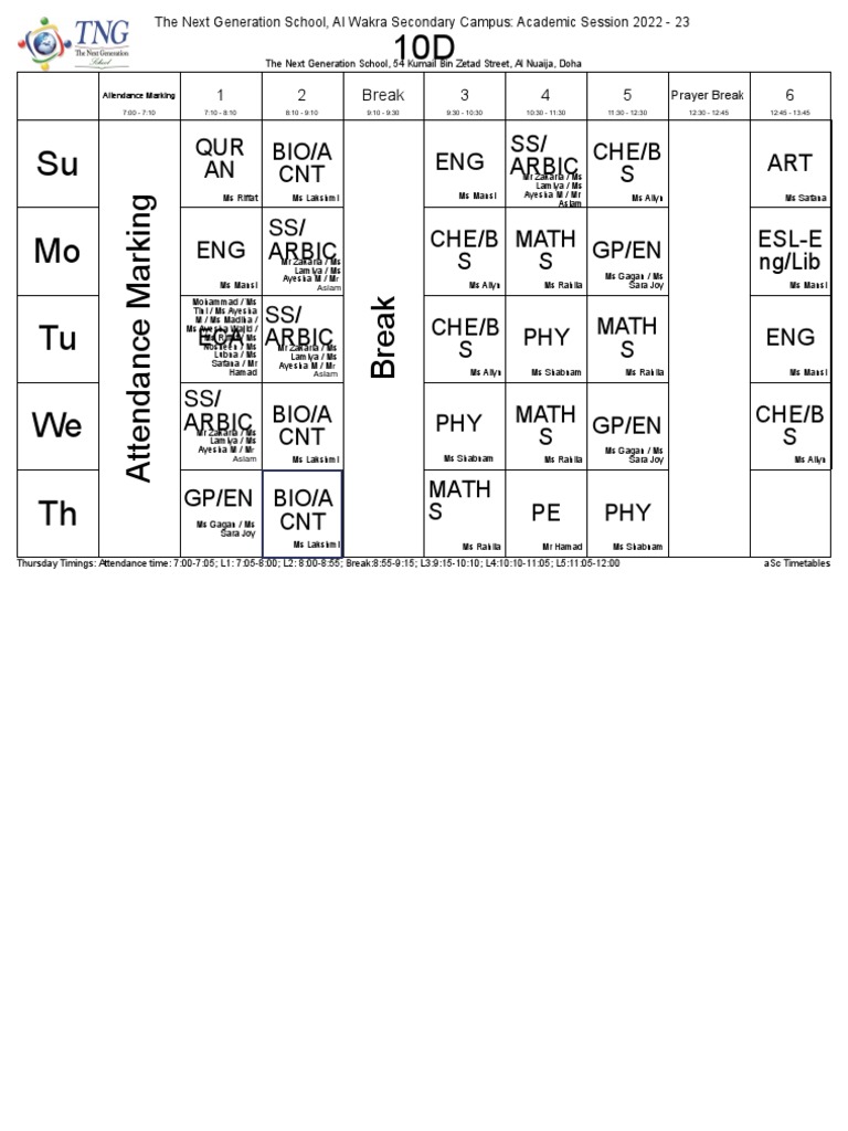Class Timetable - 10D | PDF