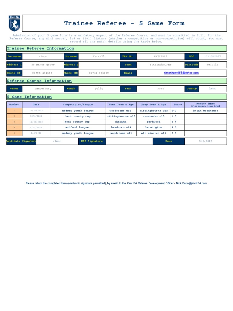 Trainee Referee 5 Game Submission Form | PDF | Kent | Association Football