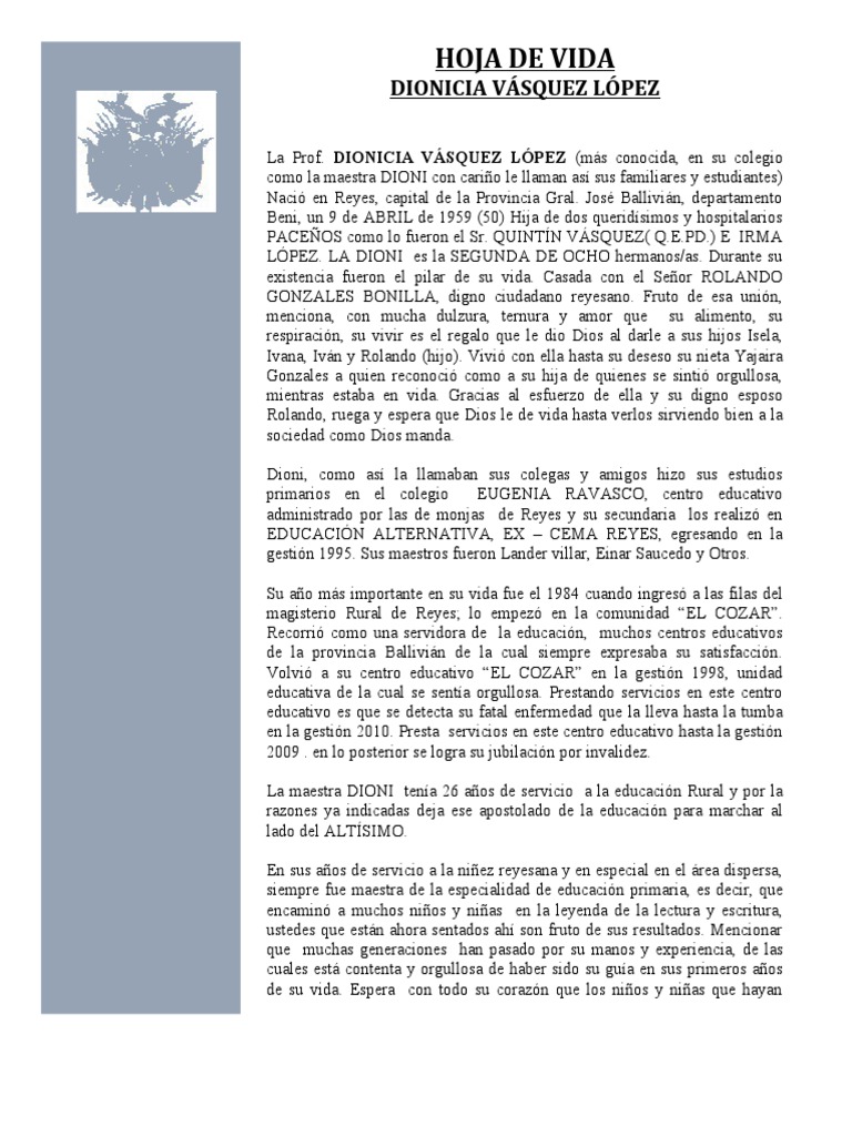 Hoja de Vida de Dionicia Vásquez López | PDF