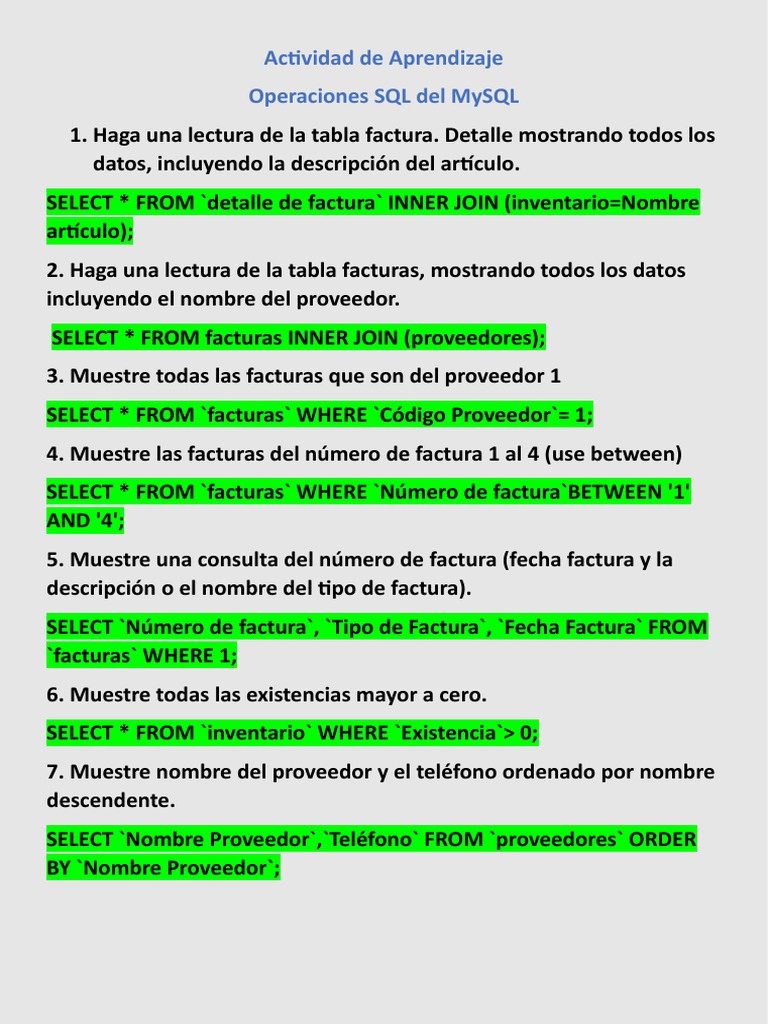 Consultas SQL en MySQL: Facturas y Proveedores | PDF