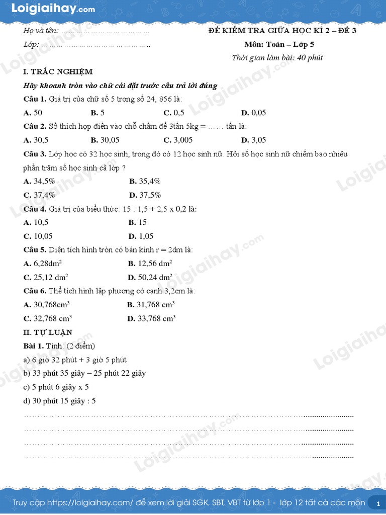 De So 3 de Kiem Tra Giua Hoc Ki 2 Toan Lop 5 1673251244 | PDF
