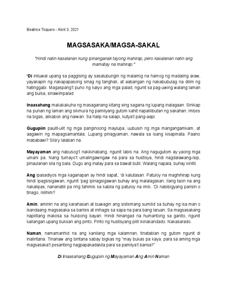 Isang Artikulong Lathalain Tungkol Sa Pagdurusa NG Mga Magsasaka | PDF