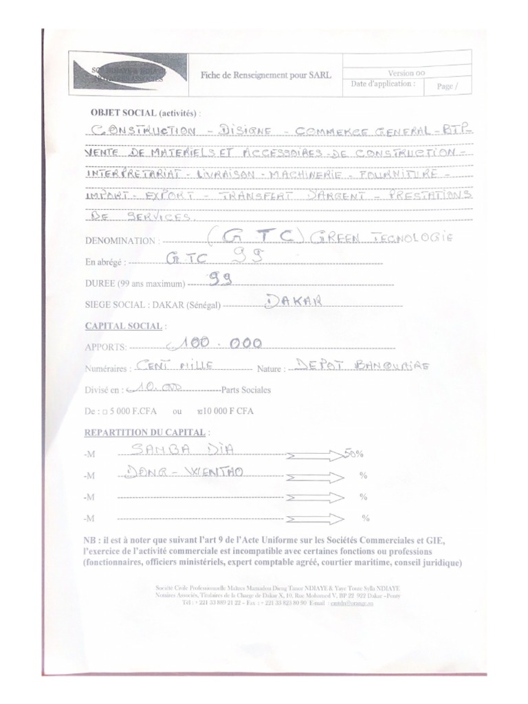 Fiche de Renseignement Pour SARL | PDF
