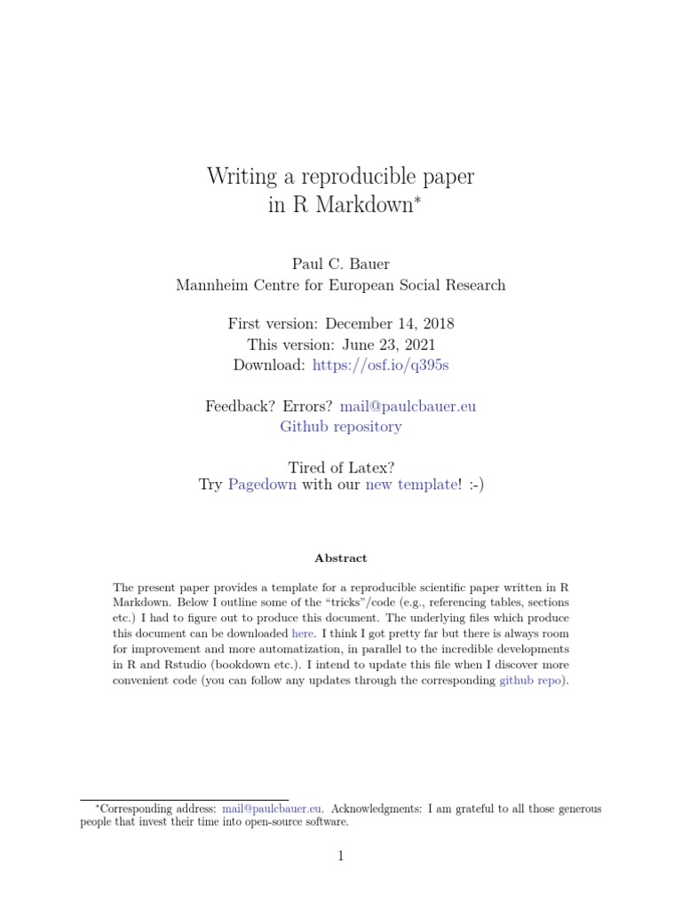 Writing A Reproducible Paper in R Markdown: Mail@paulcbauer - Eu Github Repository | PDF ...