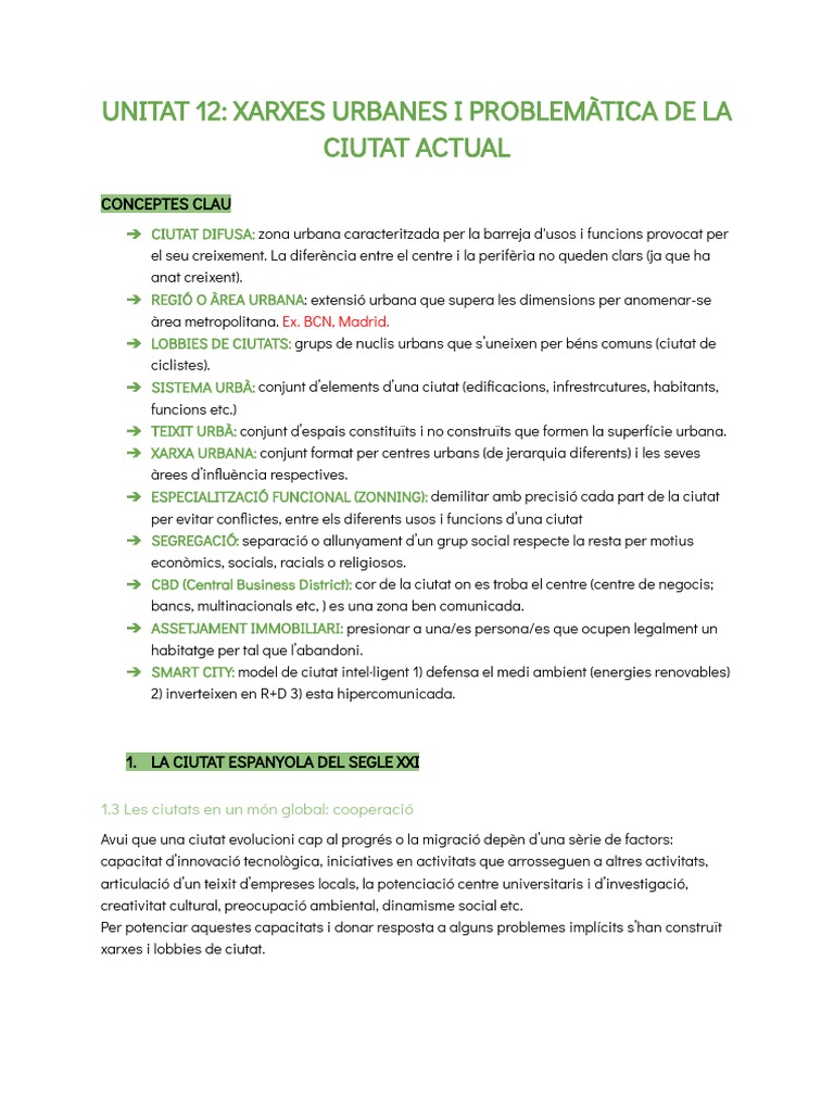 Unitat 12 Xarxes Urbanes I Problemàtica de La Ciutat Actual | PDF