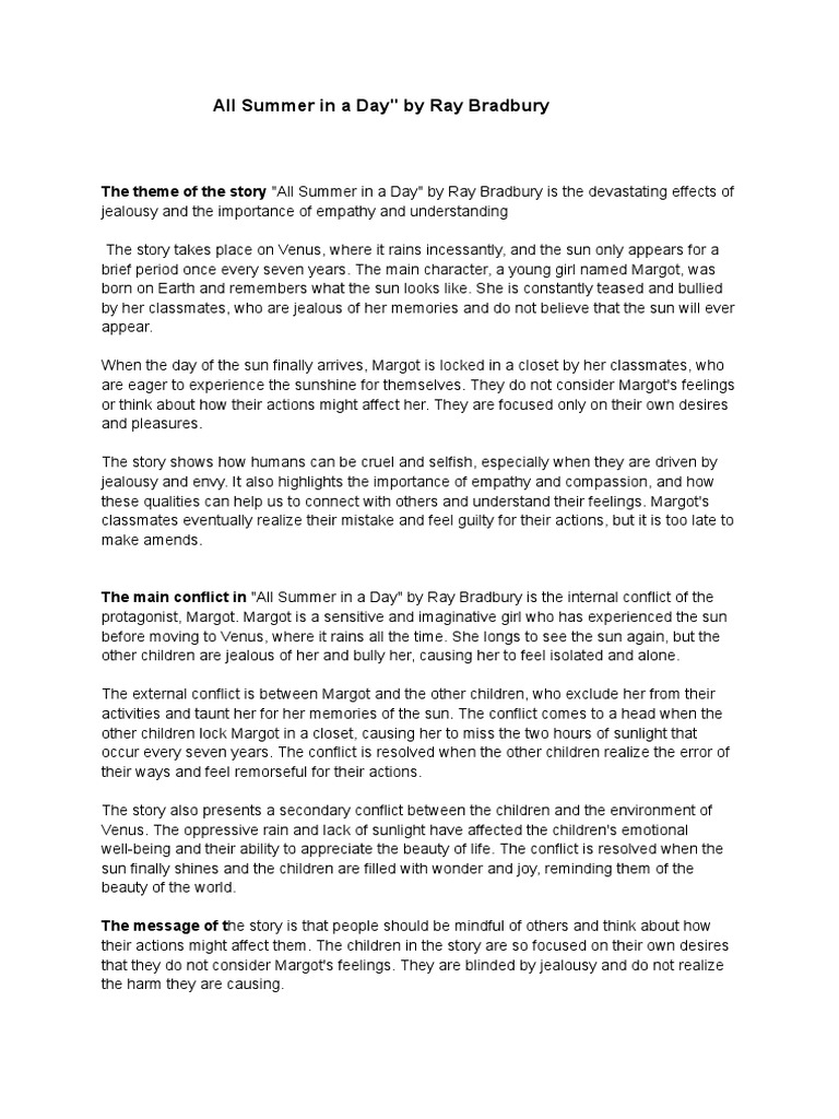 All Summer in A Day by Ray Bradbury 1 | PDF | Jealousy | Narration