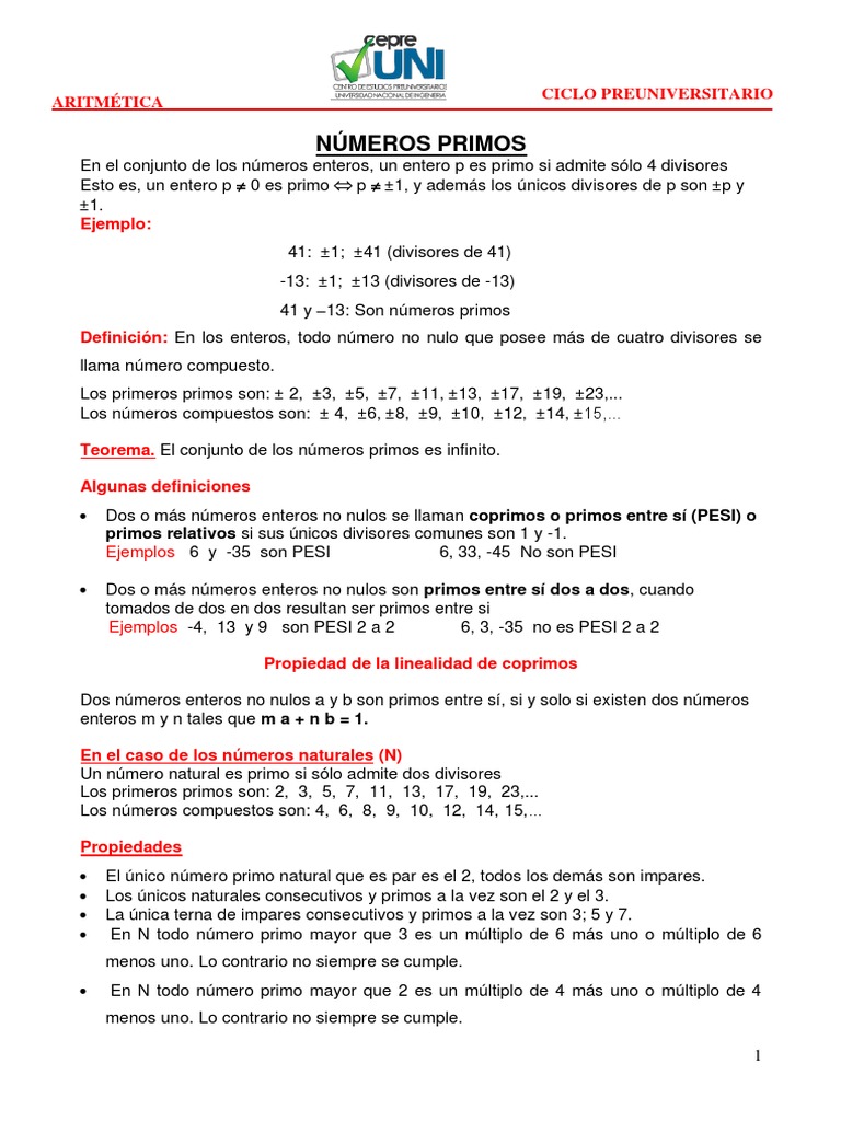 Nùmeros Primos | Descargar gratis PDF | Número primo | Matemática Elemental