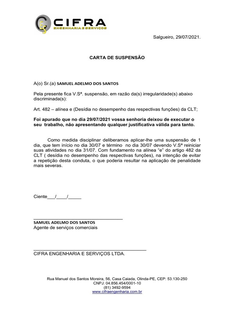 Modelo de Carta de Suspenso | PDF