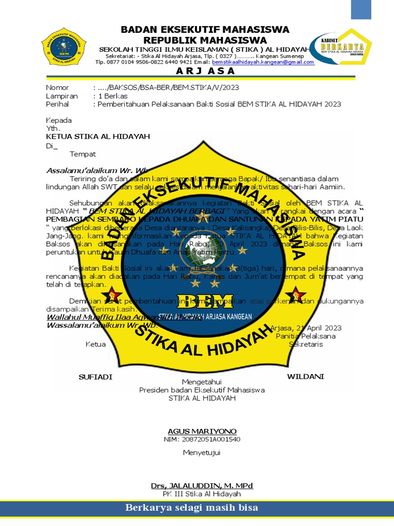 Surat Pemberitahuan Baksos Bem 2023 | PDF