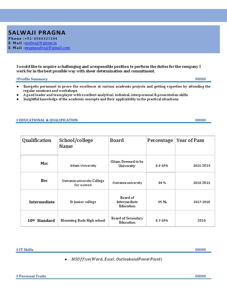 Pragna Resume | PDF | Behavioural Sciences | Cognition