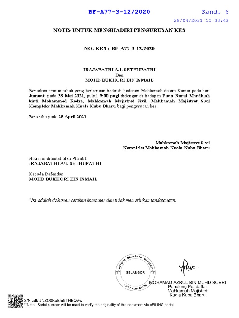 Notis Untuk Menghadiri Pengurusan Kes Sebelum Bicara +@002-1 | PDF