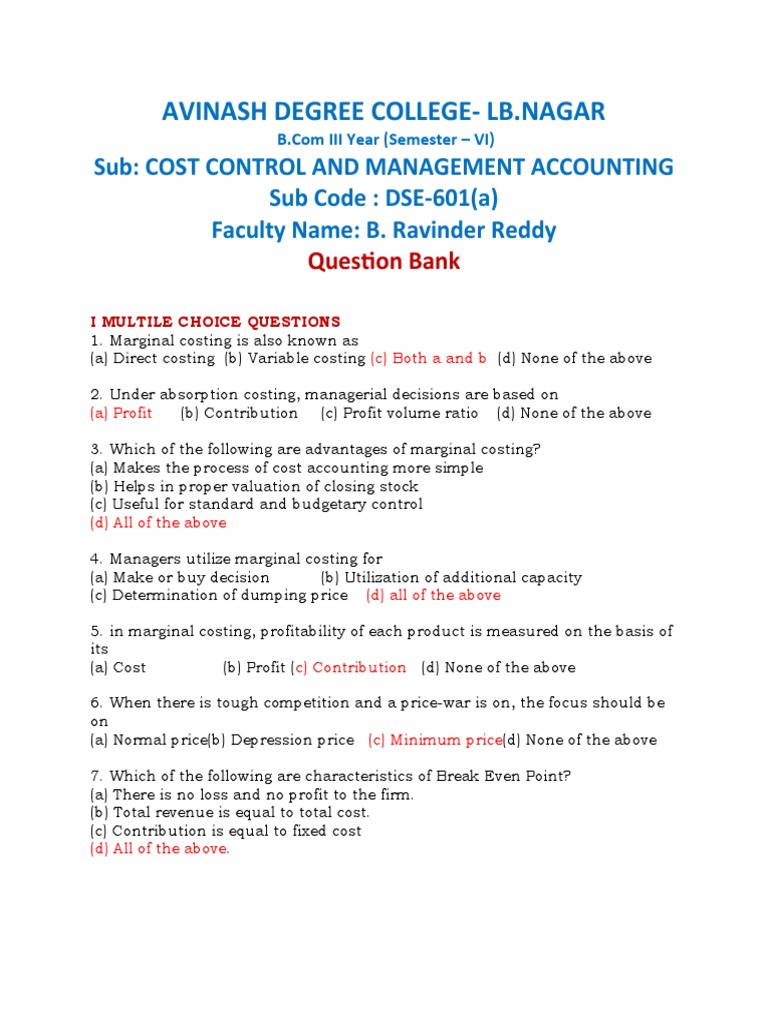 Sem - VI Cost Control and Management Accounting Question Bank Updated ACC LBN | PDF | Economies ...