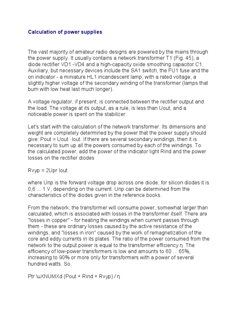 Calculation of Power Supplies | PDF | Rectifier | Transformer