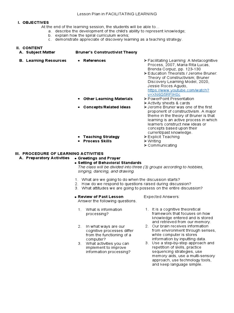 Lesson Plan in Facilitating Learning | PDF